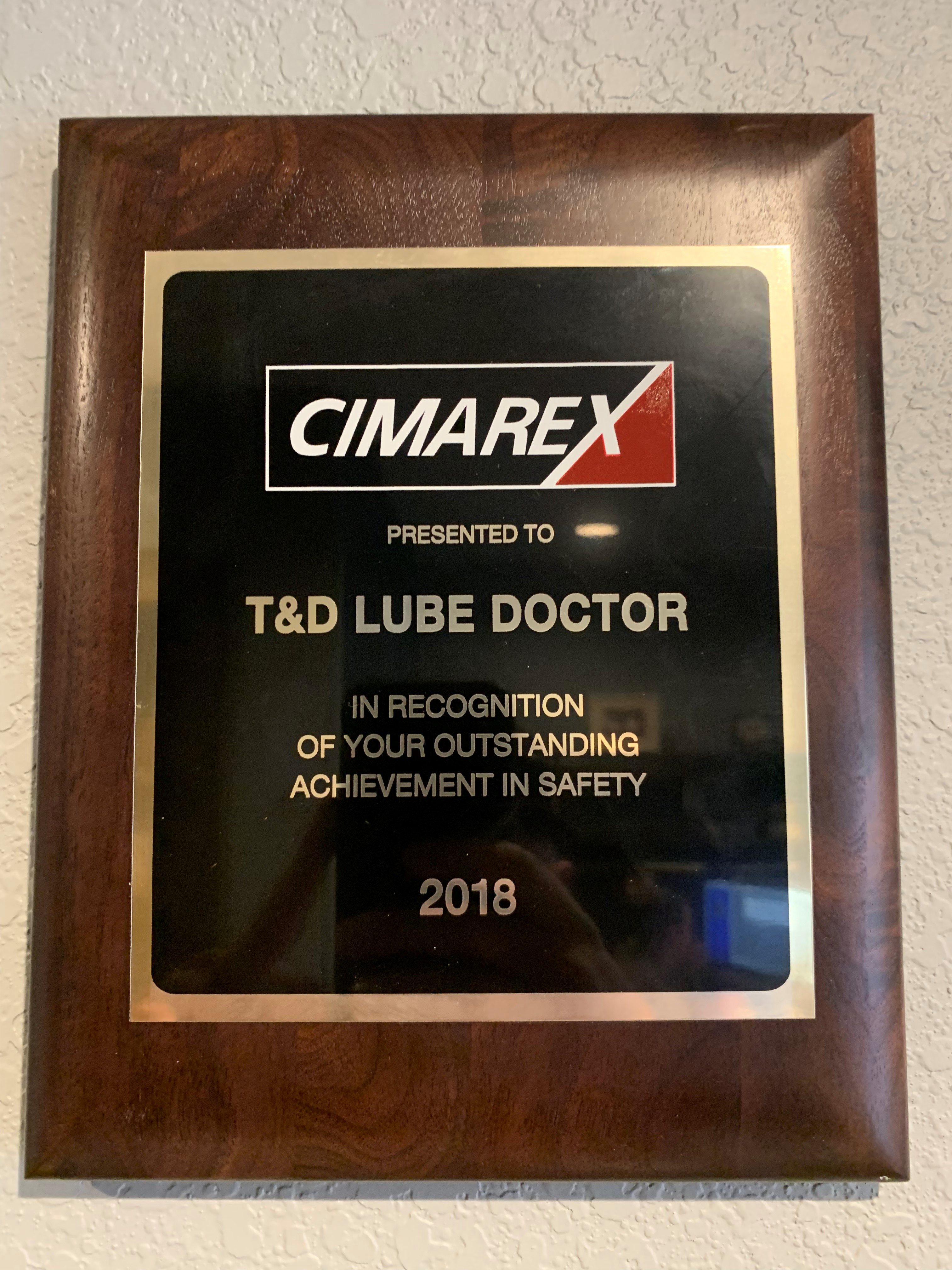 Cimarex Recognition – T and D Lube Doctors, LLC